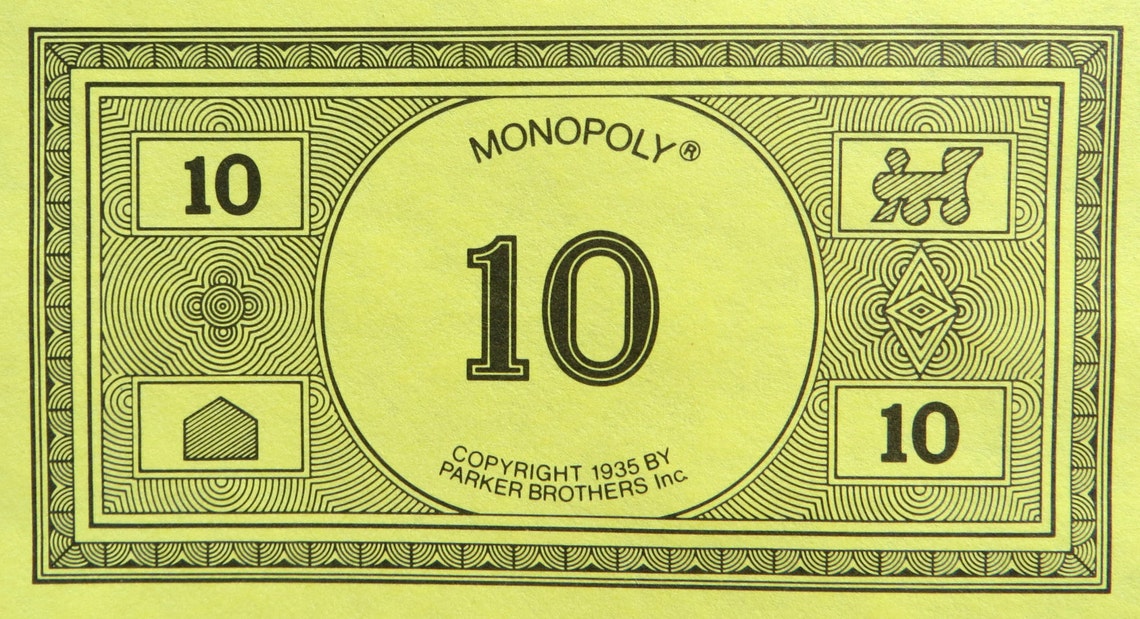 Monopoly Money Original Uncut Sheet 10 Dollar Bills Parker | Etsy
