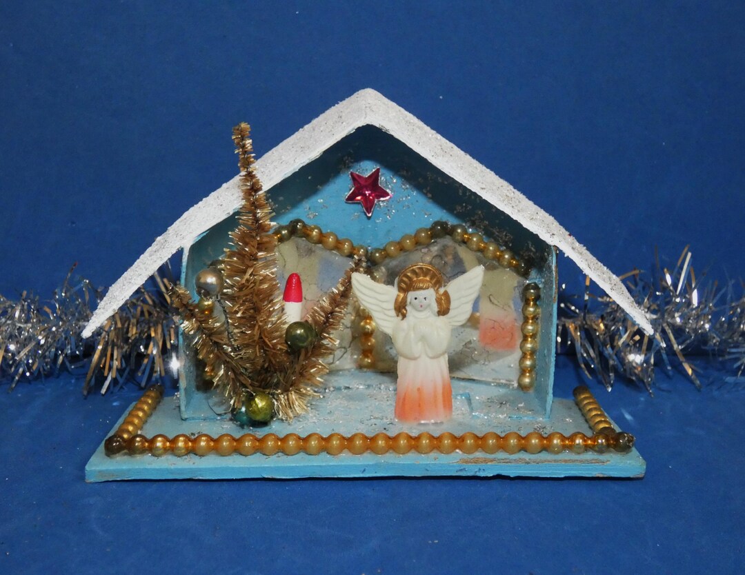 Vintage Christmas Putz House, Vintage Angel, 1950's Pretty Mirror ...
