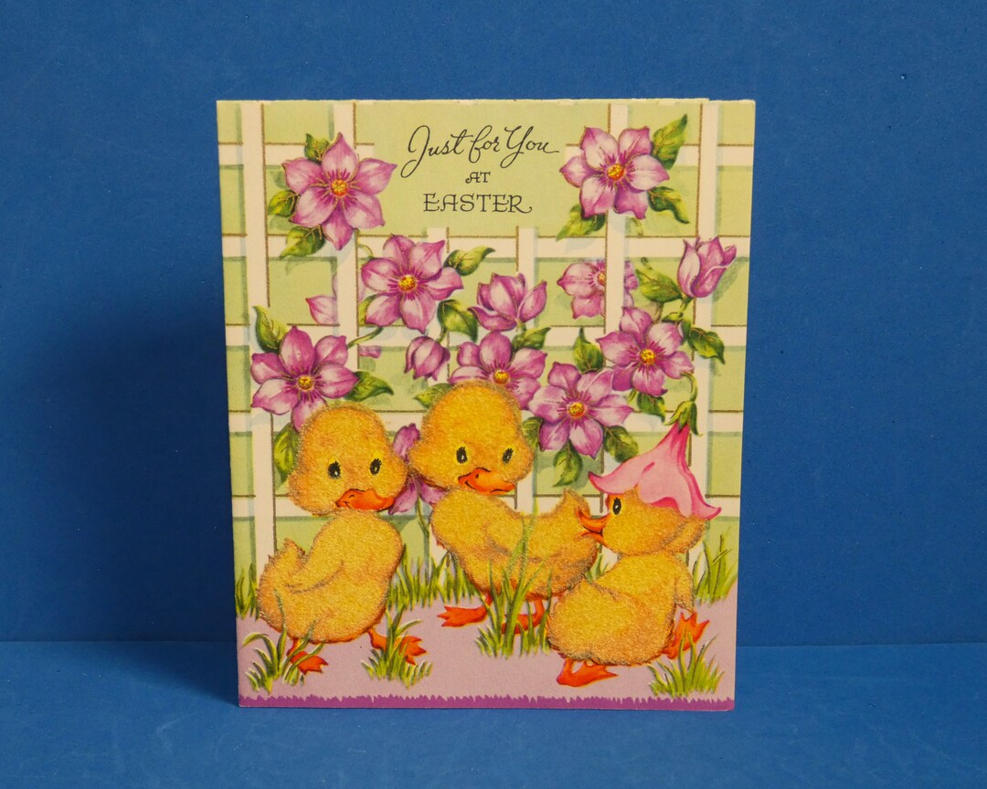 Vintage Easter Card, 1950's Flocked Easter Ducks 5 3/4 Inches High by 4 ...