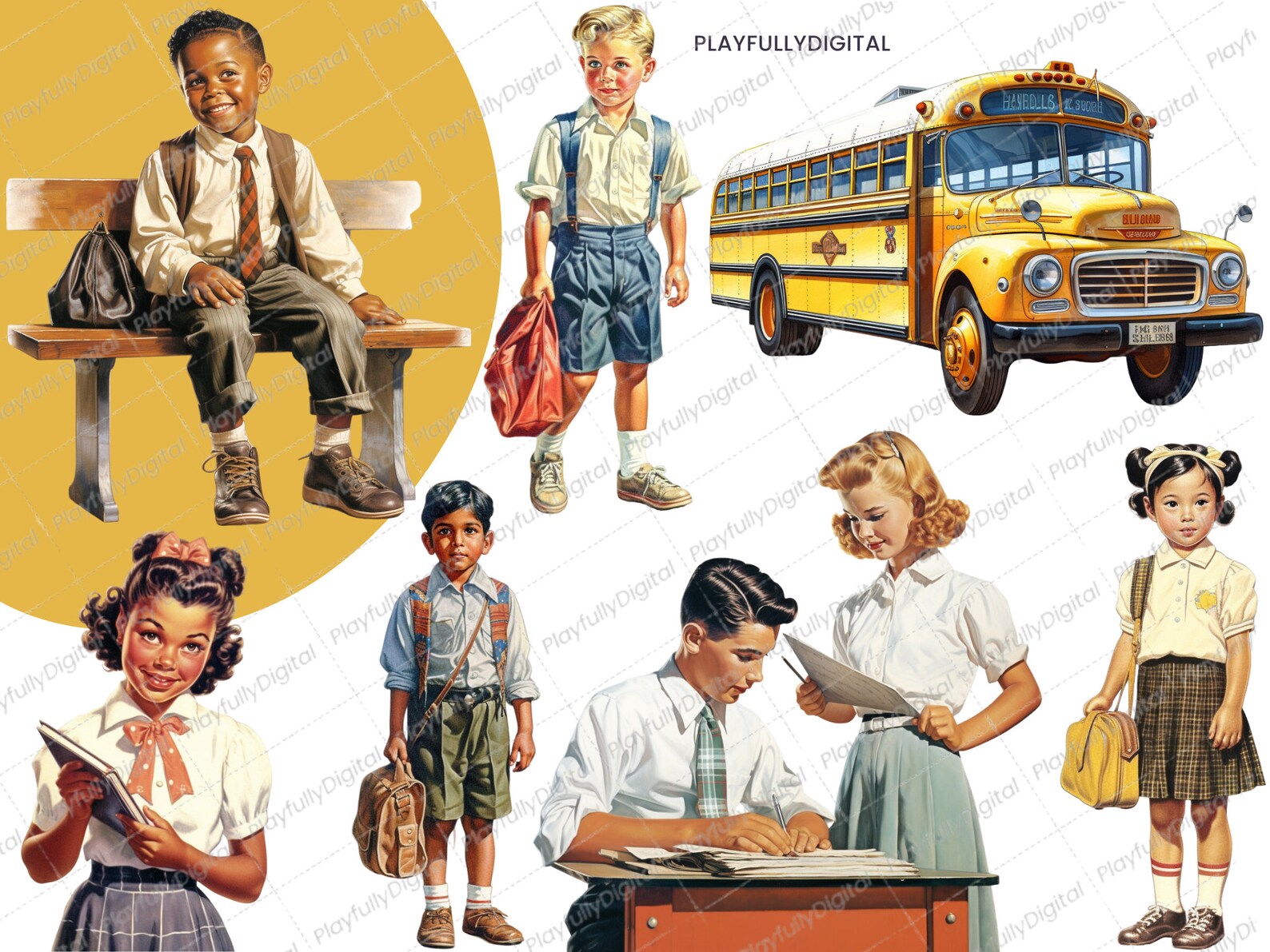 1950s Back to School Clipart, Retro Clipart, 1950s Digital Images ...
