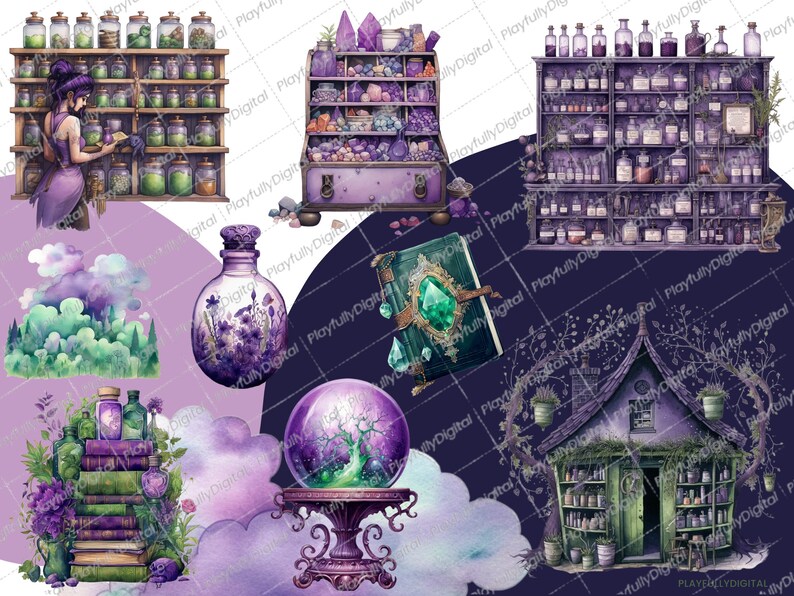 Magical Apothecary, Watercolor Clip Art, Witch Clip Art, Purple and ...