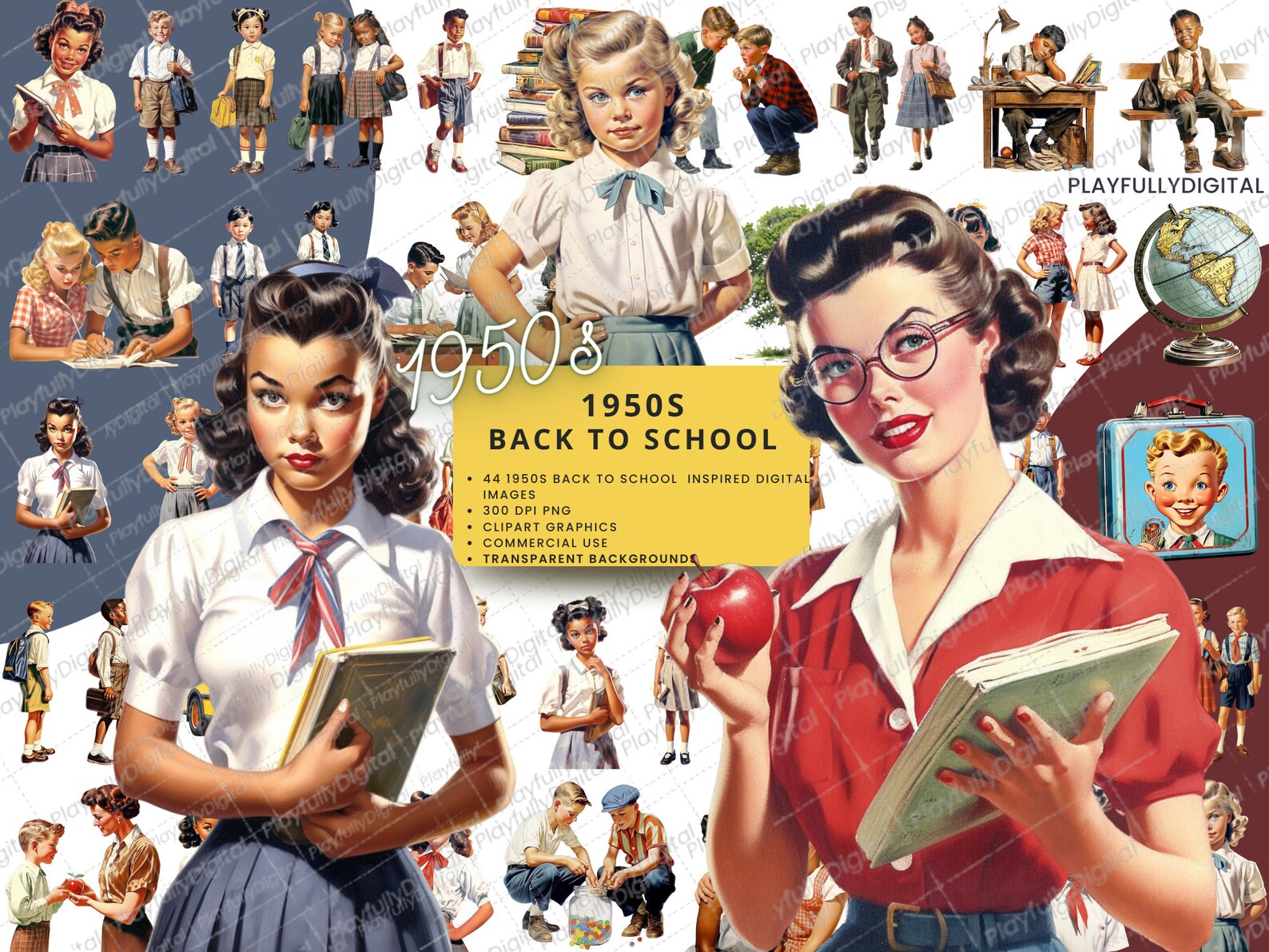 1950s Back to School Clipart, Retro Clipart, 1950s Digital Images ...
