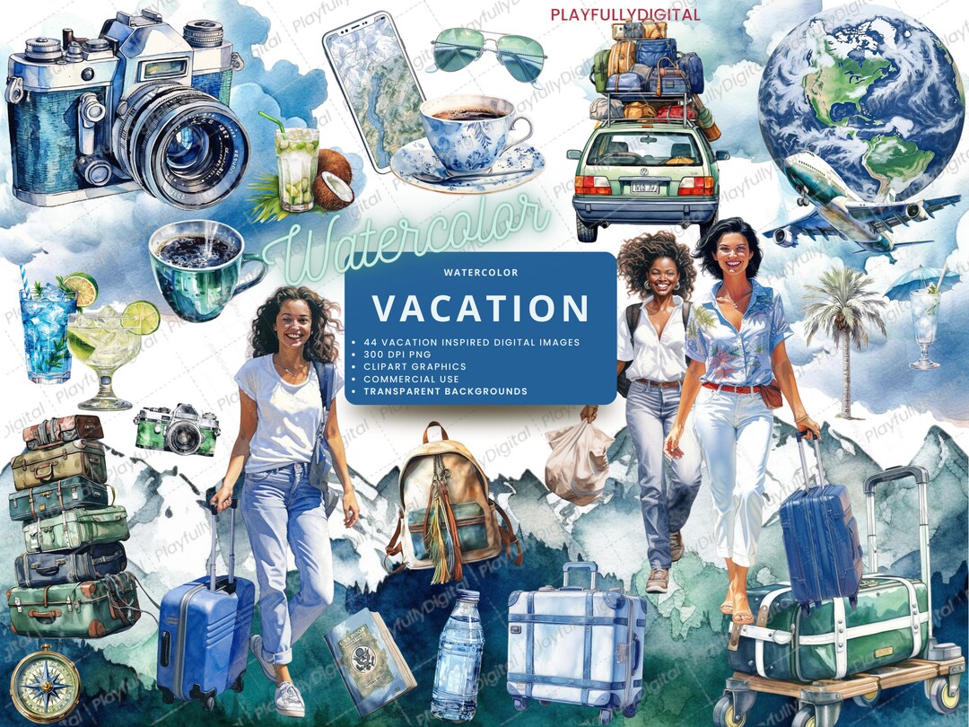 Watercolor Vacation Clipart, Girls Trip,travel,vacation, Commercial Use ...