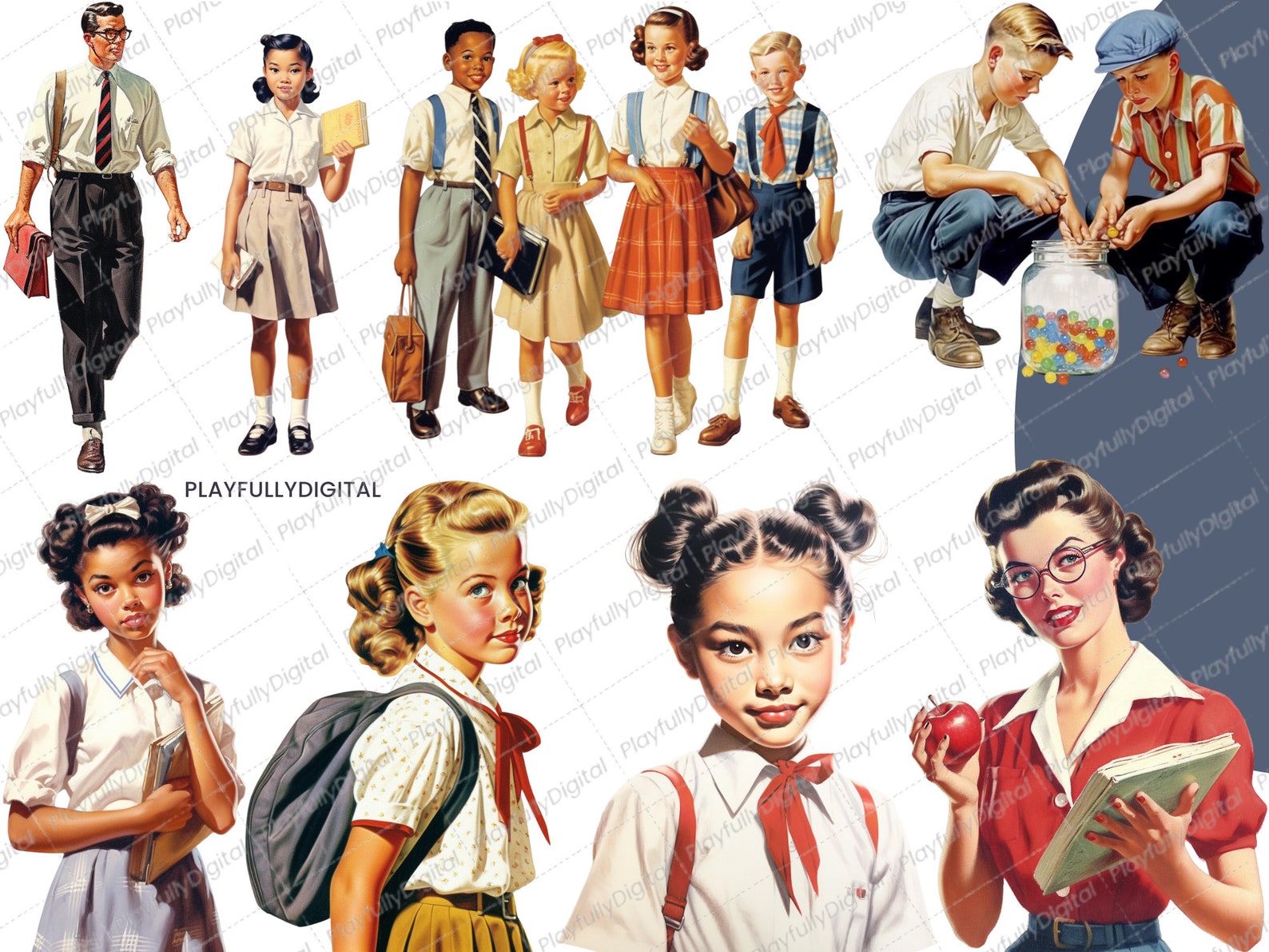 1950s Back to School Clipart, Retro Clipart, 1950s Digital Images ...