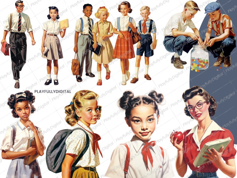 1950s Back to School Clipart, Retro Clipart, 1950s Digital Images ...