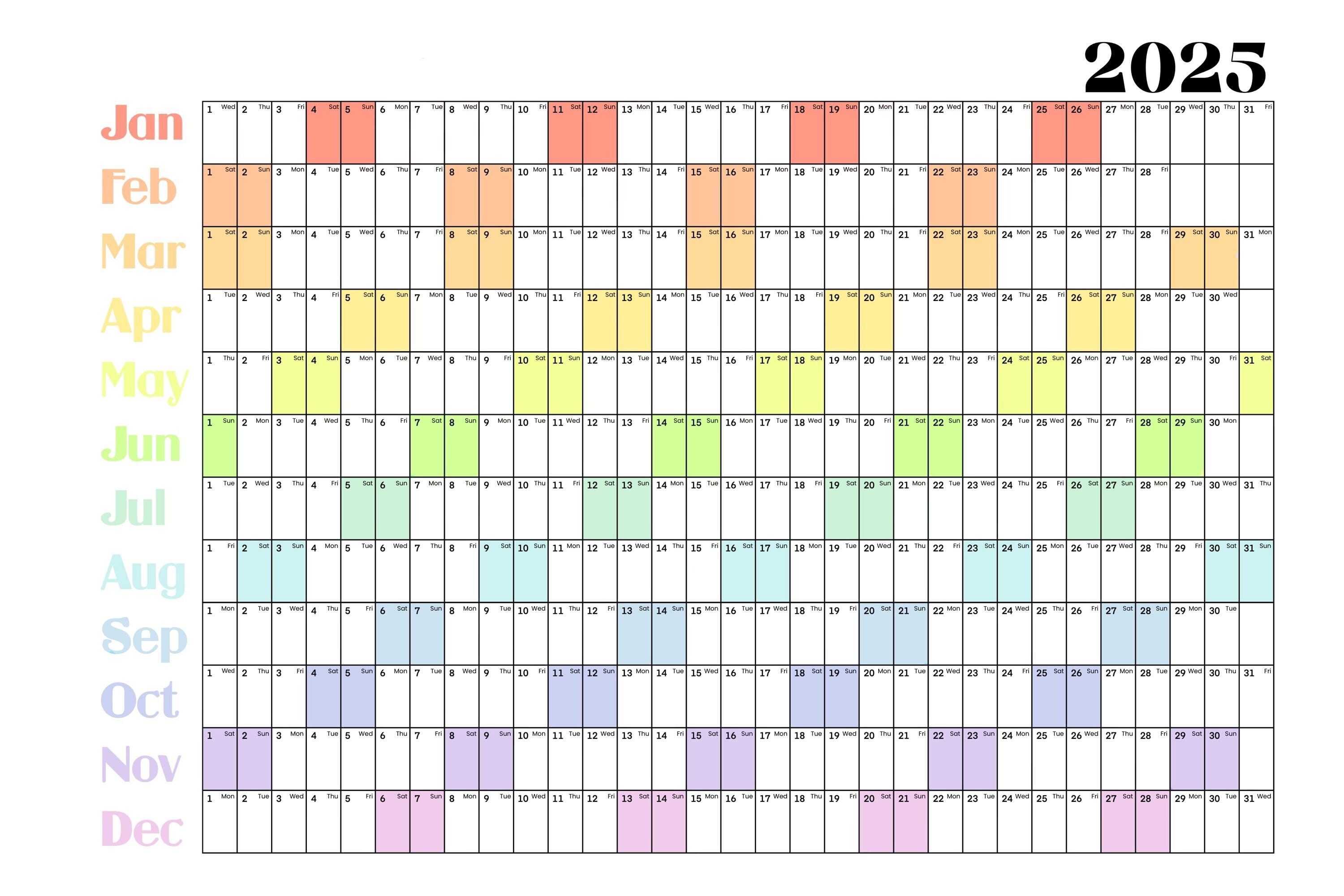 2025 XL Printable Year at a Glance Calendar in Multi Rainbow and Black ...