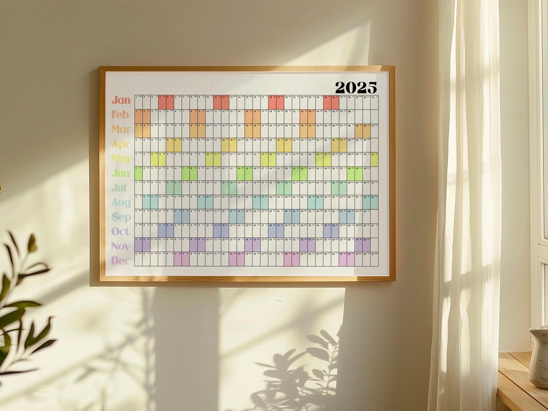 2025 XL Printable Year at a Glance Calendar in Multi Rainbow and Black ...