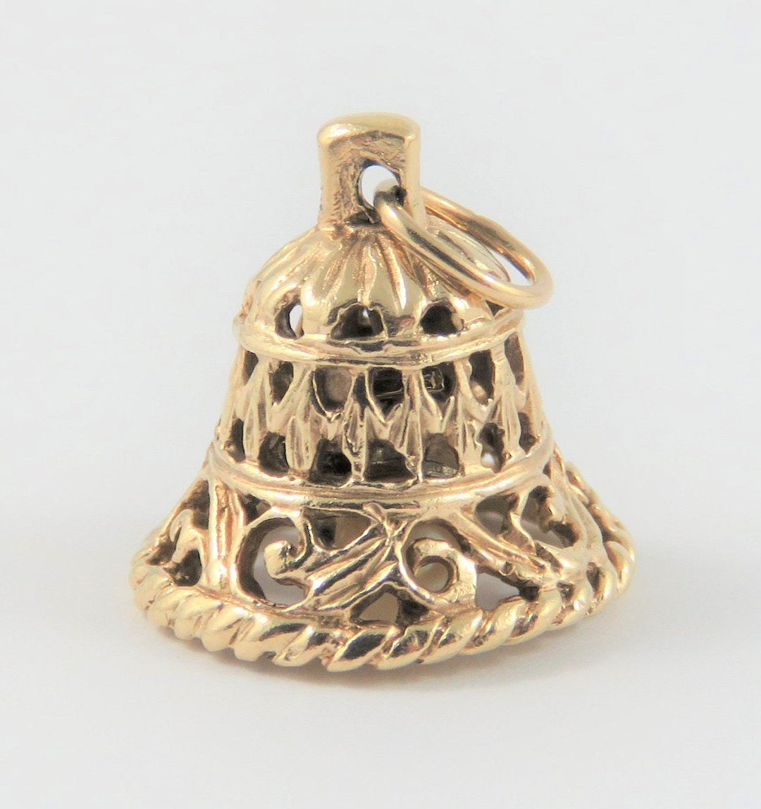 10K Yellow Gold Mechanical Reticulated Bell With Cultured Pearl Charm ...