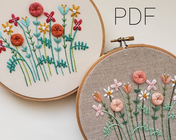 DIY Hand Embroidery Pattern PDF, Hand Embroidered Flower Garden, Roses and Sunflowers, Summer ...