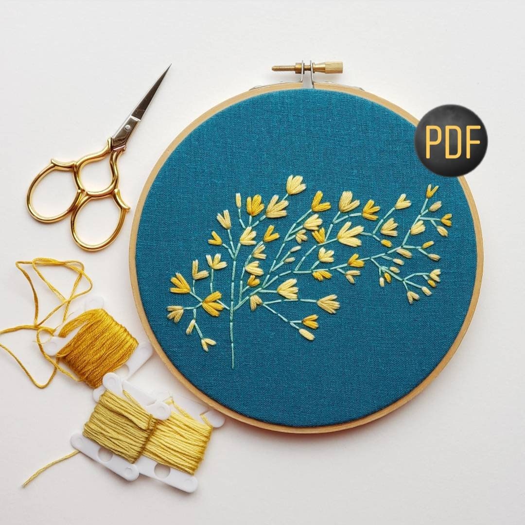 Embroider Flowers Pattern, Hand Embroidered Flowering Tree Branch, Gold ...