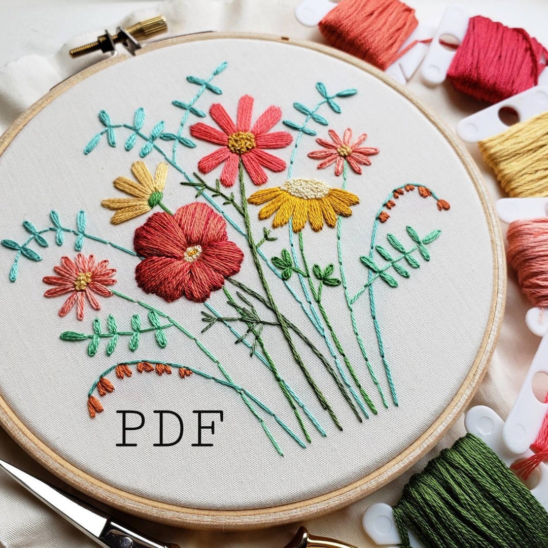 DIY Hand Embroidery Pattern PDF, Hand Embroidered Flower Garden, Colorful Flowers, Summer Colors ...