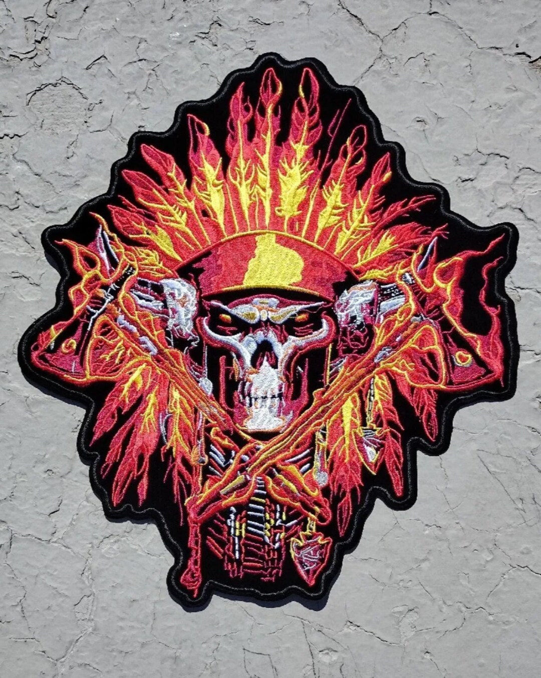 Indian Chief Skull Flams Large Iron on Embroidered Back Patch Applique ...