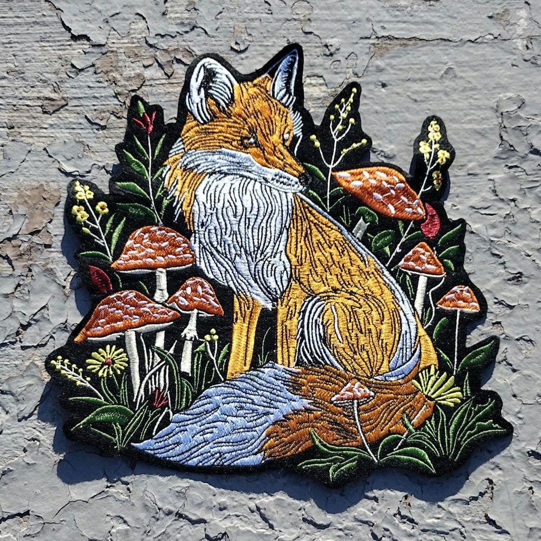 Fox Large Embroidered Iron-on Patch Red Fox in Mushroom Field Large Embroidered Iron-on Patches ...