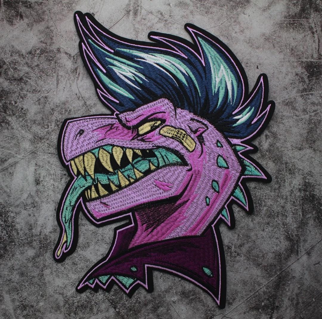 T-rex Punk Rock Skater Purple Dinosaur Large Embroidered Iron-on Patch ...