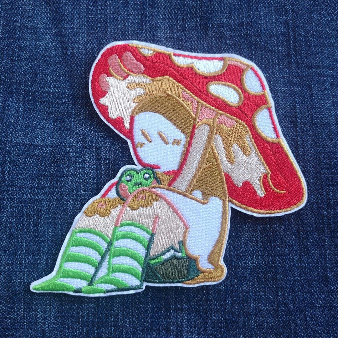Emo Girl Sitting Under Large Mushroom Embroidered Iron-on Patch 4X4 ...