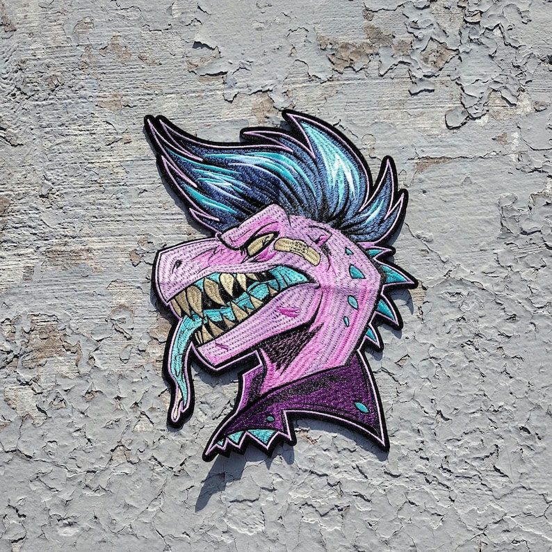 T-rex Punk Rock Skater Purple Dinosaur Large Embroidered Iron-on Patch ...