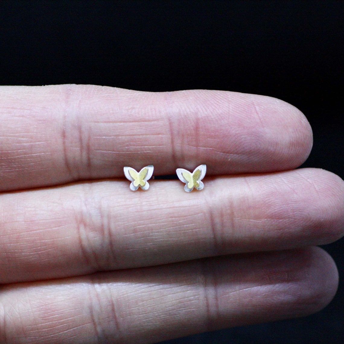 Tiny Two Tone Butterfly Earrings in 925 Sterling Silver | Etsy