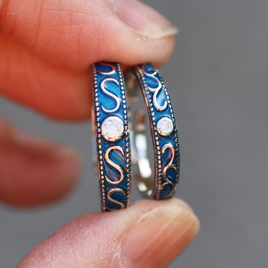 Blue Enamel Matching Couples Rings Sterling Silver 925 , Wedding Bands ...