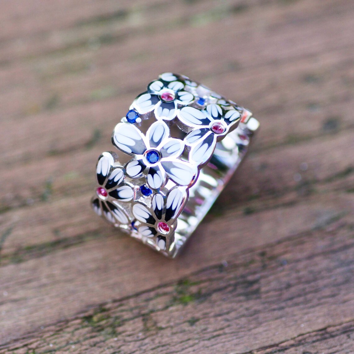 Daisy Flower Enameled Ring Sterling Silver 925 With Cubic | Etsy