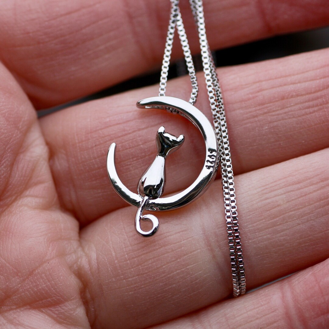 Cute Crescent Moon Kitty Cat Pendant Sterling Silver 925 - Etsy