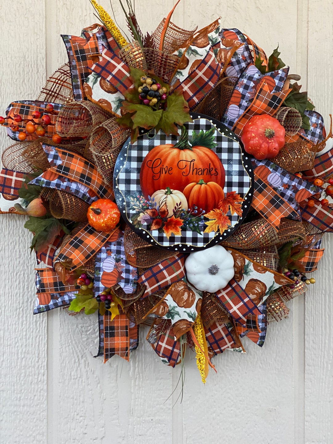 Thanksgiving Wreath, Fall Wreath, Give Thanks Wreath, Pumpkin Wreath ...