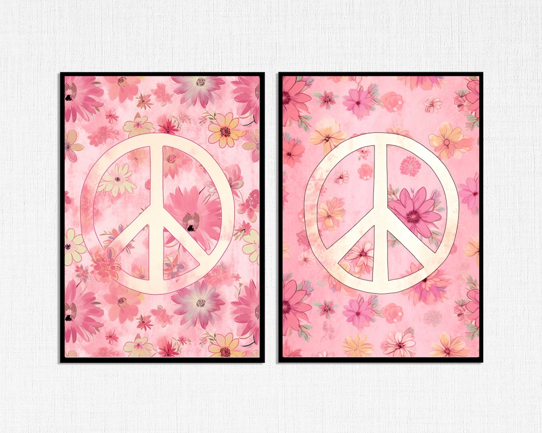 Pink Floral Peace Sign Art Prints: Bedroom Wall Decor (digital Prints ...