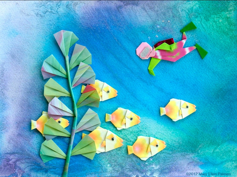 Underwater, Scuba Diver, Origami Mixed-media Painting (artist's Print ...