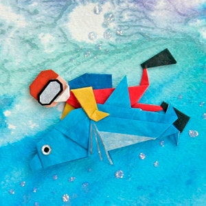 Dolphin Scuba Diver Origami Painting, Matted Seascape Print - Etsy