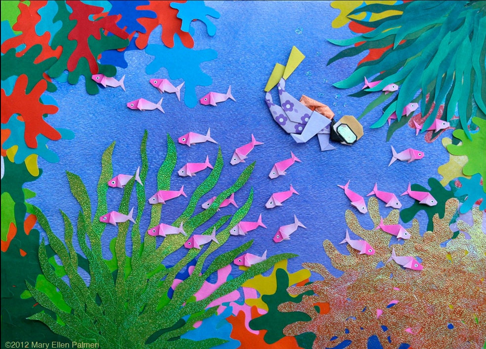 Underwater, Scuba Diver, Coral Cove, Origami Mixed-media Painting ...