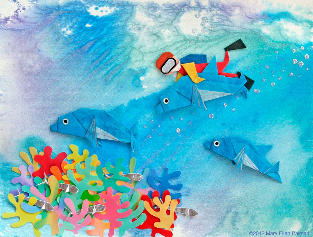 Dolphin Scuba Diver Origami Painting, Matted Seascape Print - Etsy