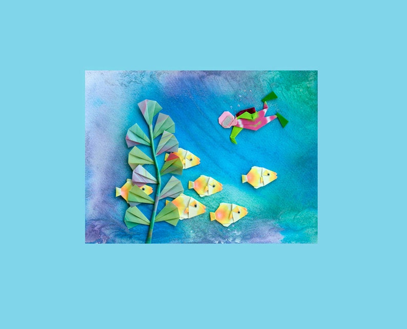 Underwater, Scuba Diver, Origami Mixed-media Painting (artist's Print ...
