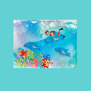Dolphin Scuba Diver Origami Painting, Matted Seascape Print - Etsy