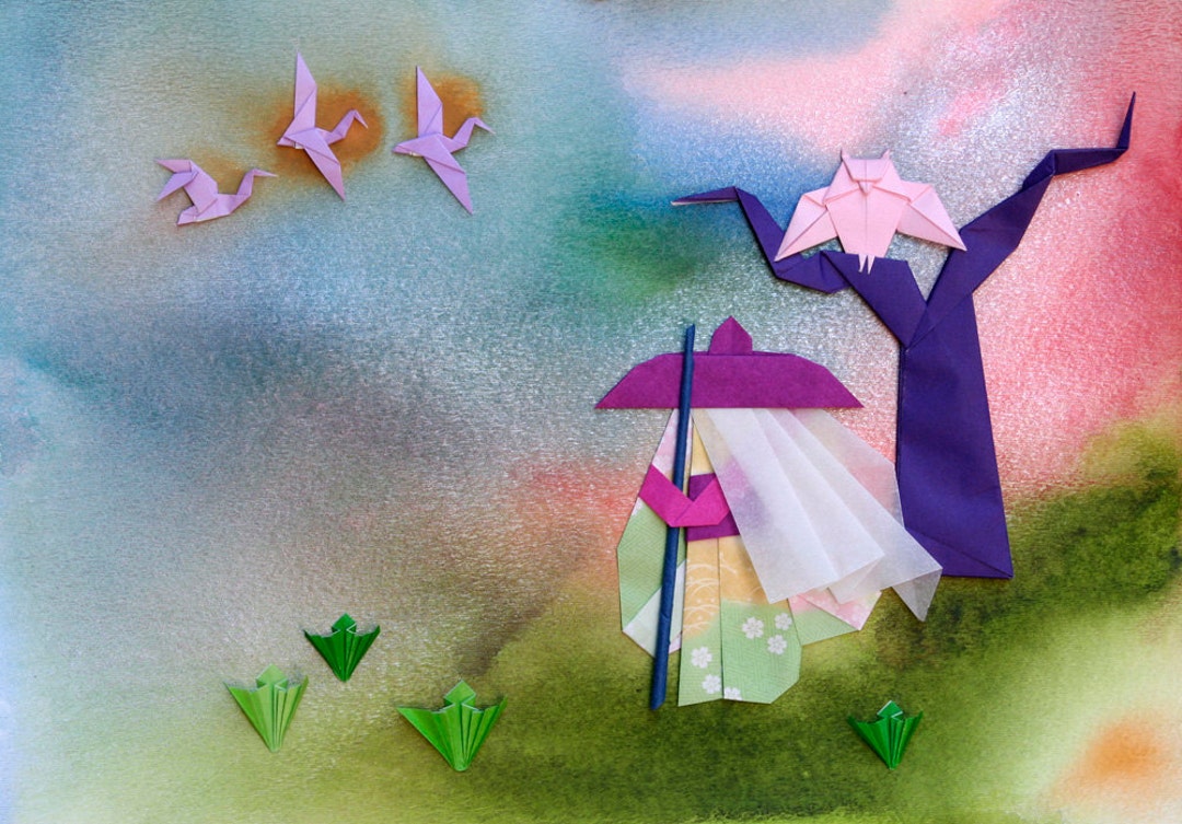 Asian Landscape, Buddhist Monk, Origami Mixed-media (matted Print of ...