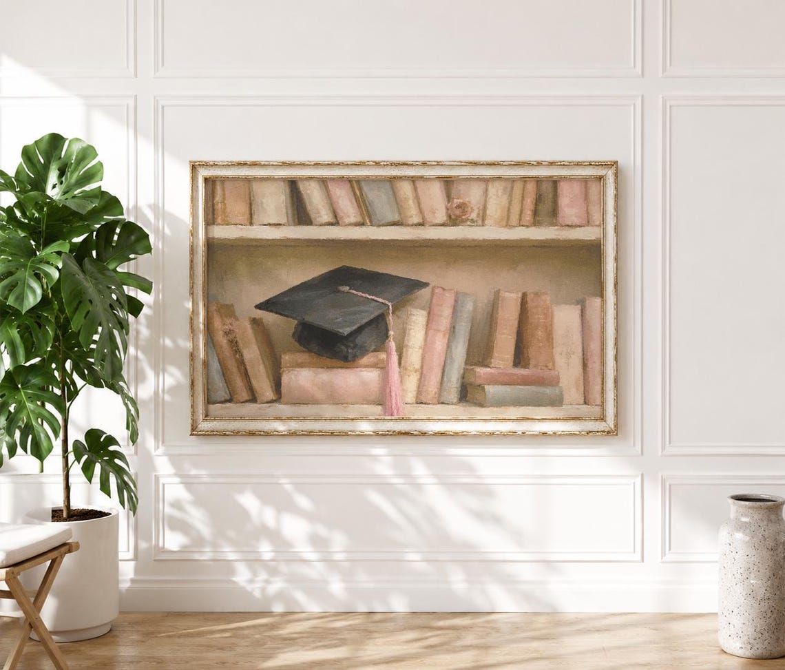 Graduation Pastel Bookshelf Wall Art Printable, Vintage Academic ...