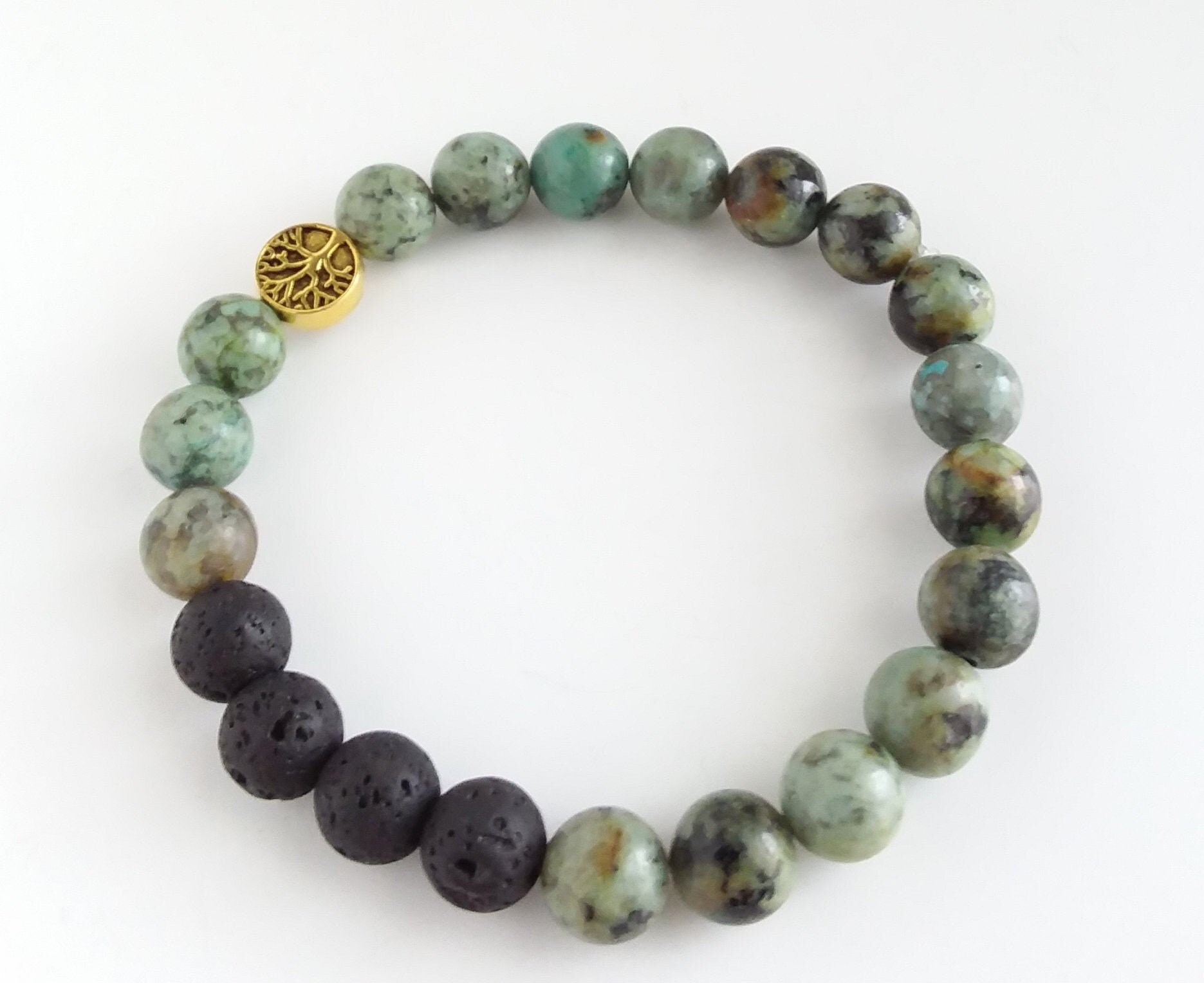 African Jasper Oil Diffuser Bracelet, Tree of Life Gold Charm ...