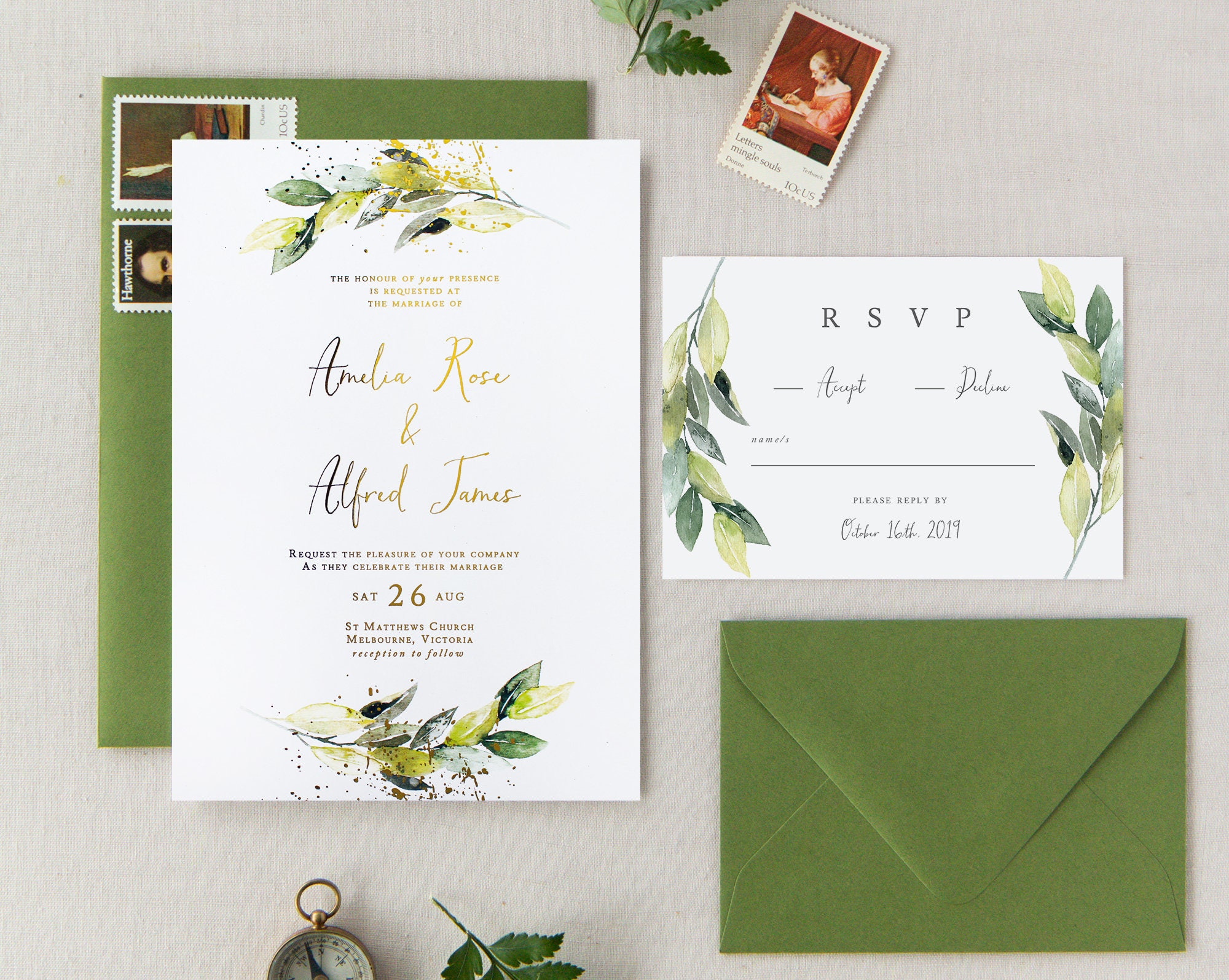 Greenery Wedding Invitation Suite Gold Foil Wreath Wedding | Etsy