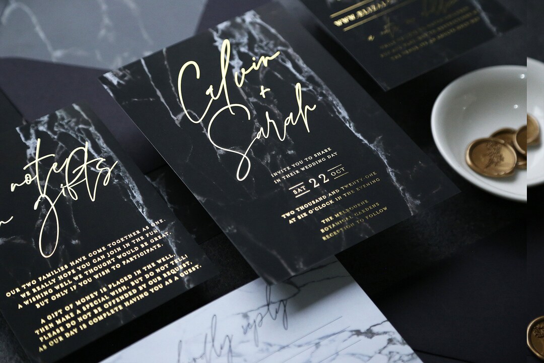 Marble Wedding Invitation Suite, Real Gold Foil Wedding Invitation ...