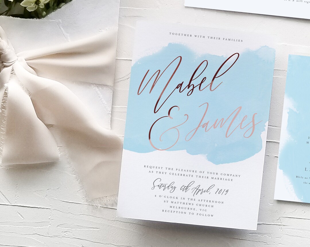Aqua Wedding Invitation Suite, Rose Gold, Watercolor Wedding Invitation ...