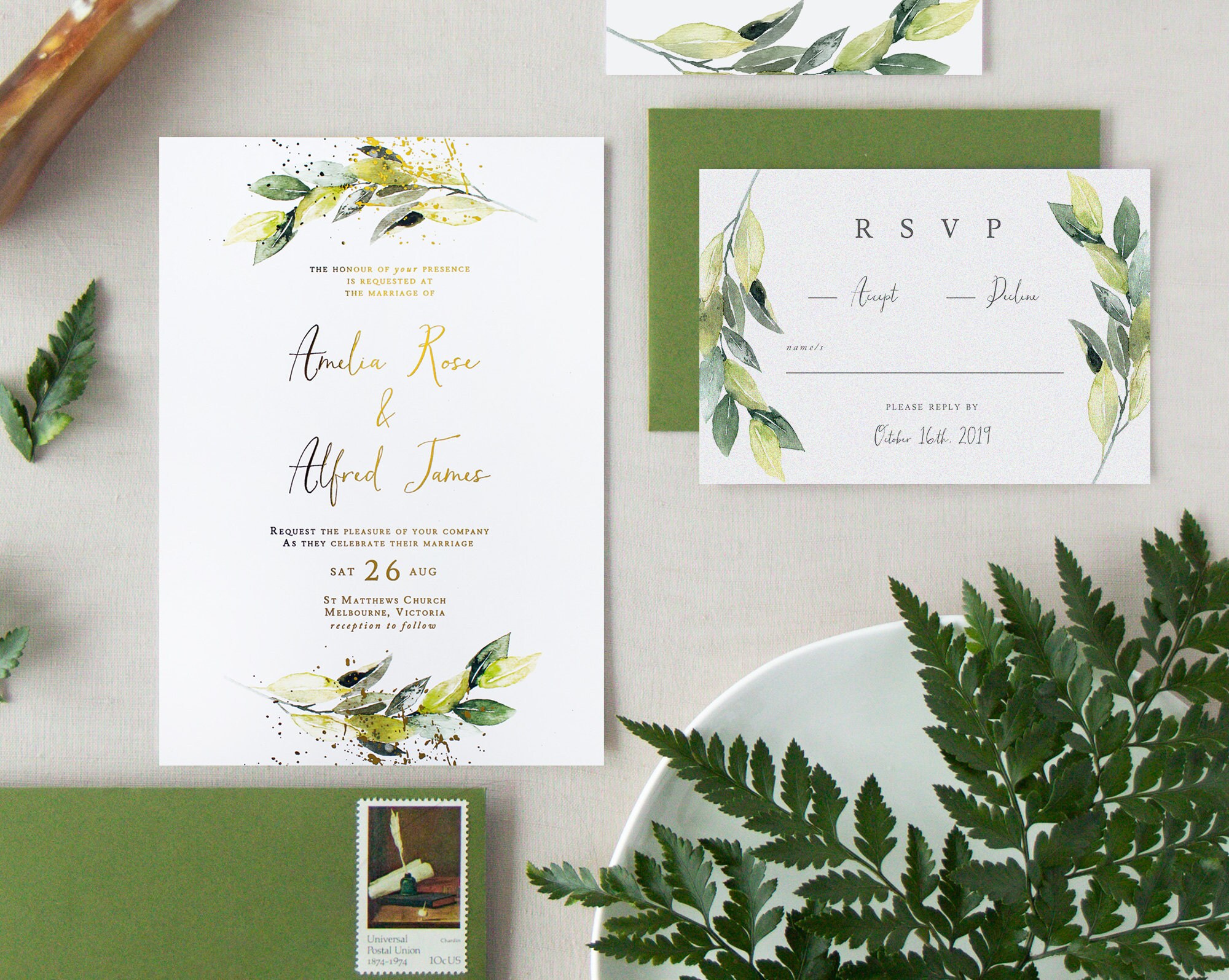 Greenery Wedding Invitation Suite Gold Foil Wreath Wedding | Etsy