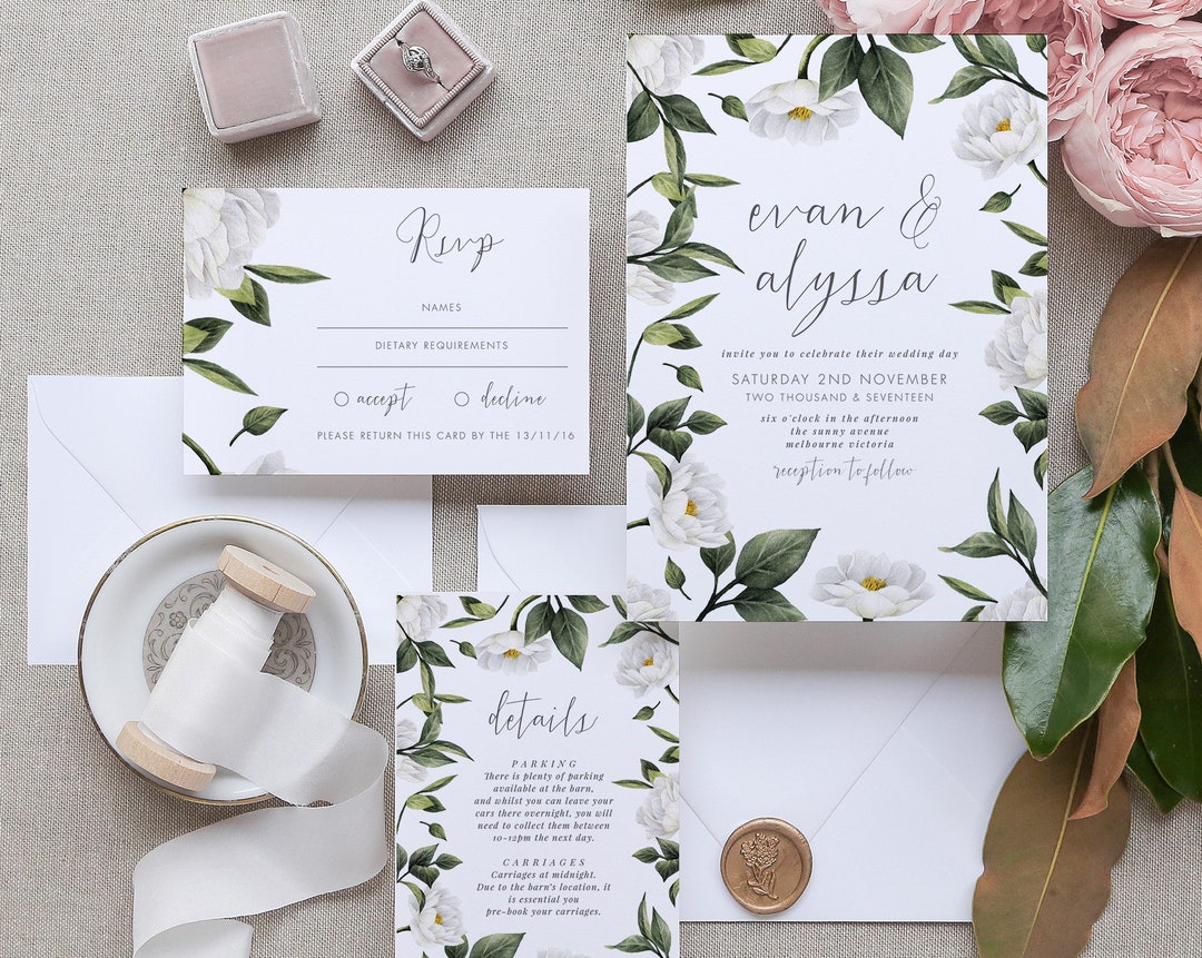White Flowers Wedding Invitation Suite, Greenery Wedding Invitation ...