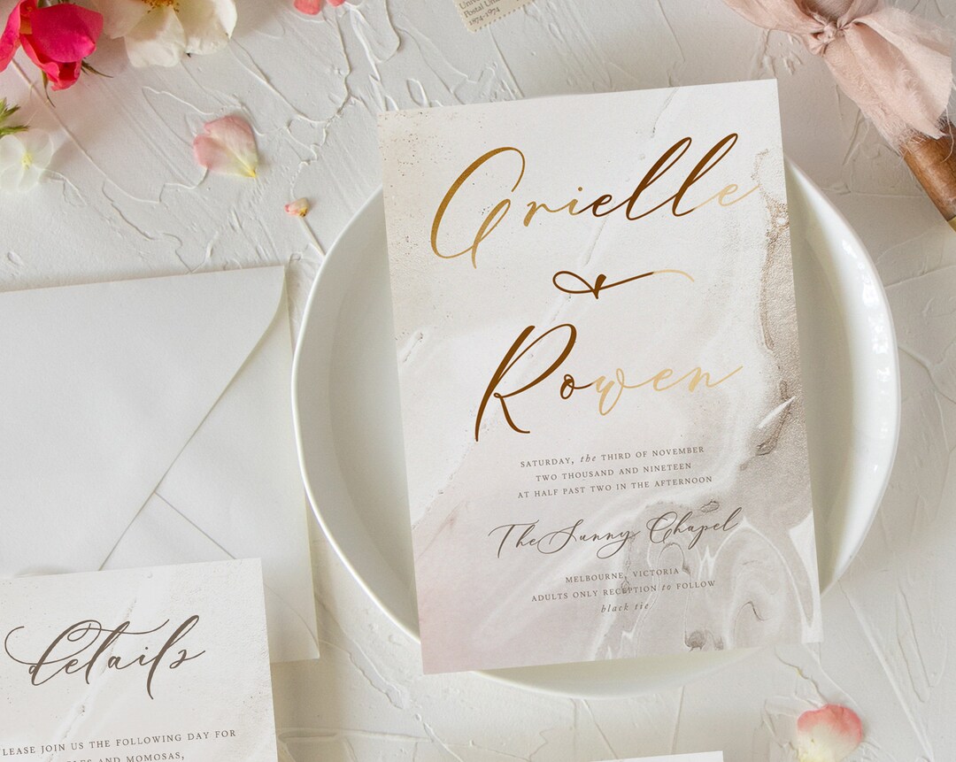 Marble Wedding Invitation Suite, Real Gold Foil Wedding Invitation ...