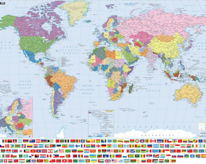 Giant & Large A0 A1 world map wall chart including flags laminated ...