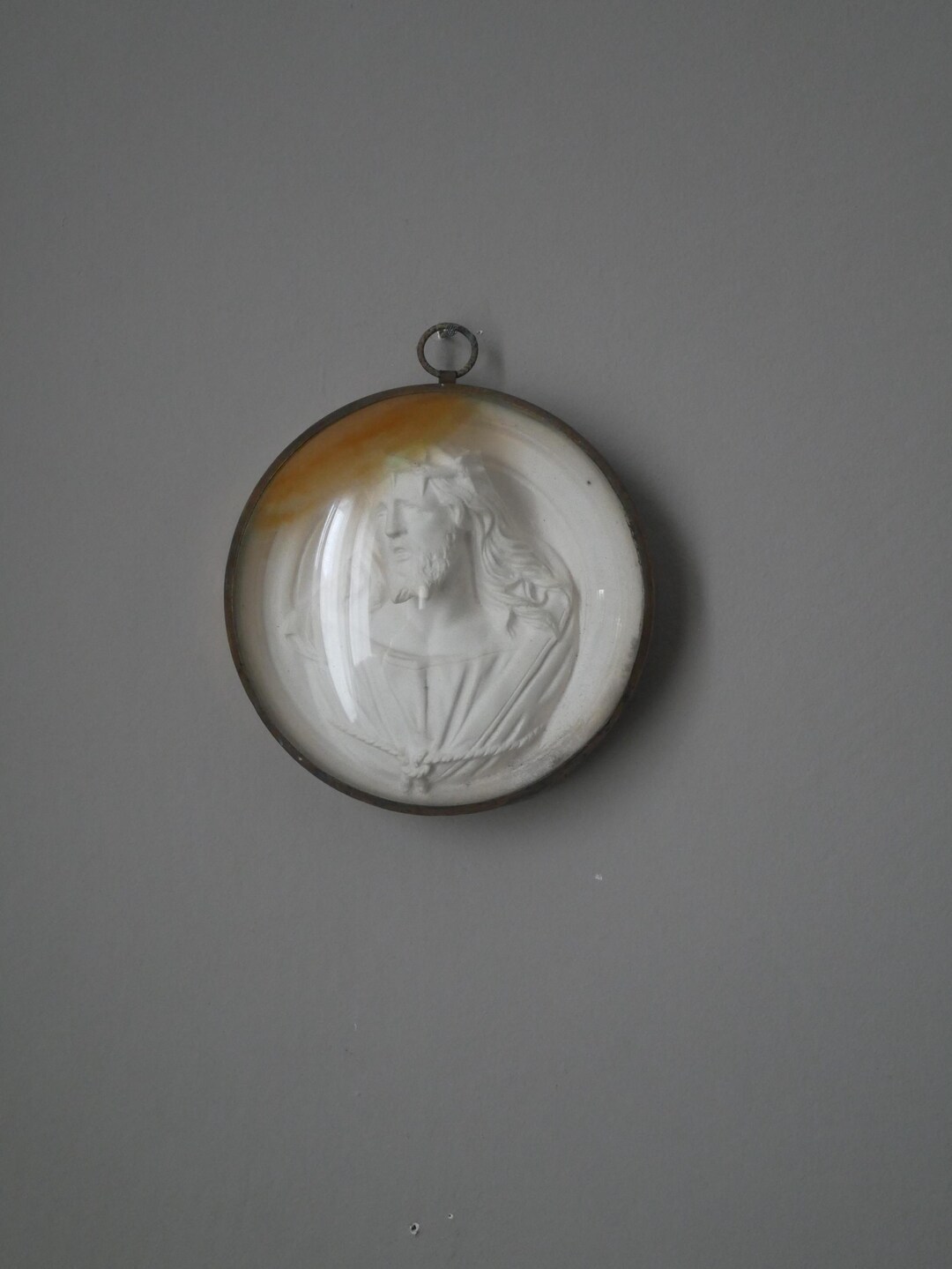 Old Religious Frame Antique Relic Christ Plaster and Brass Curved Glass ...