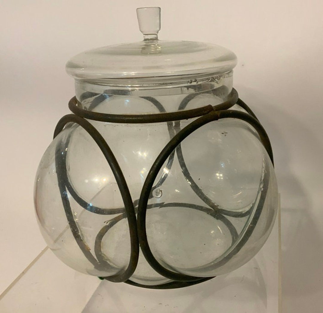 Vintage, Caged, Glass, Decanter, Jar, Iron, Glass, Lidded, 9.5, Inches ...