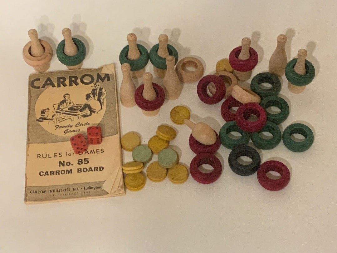 Carrom, Game Pieces, Wood, Vintage, 1940's, Rule Book, Dice, Loops ...