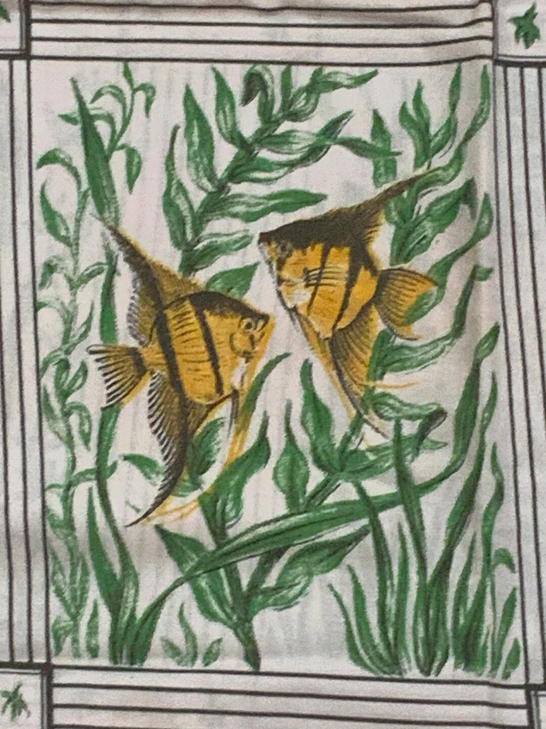Vintage, JAVA, Fabric, Cotton, Unused, Fish, White, Yellow, Green ...