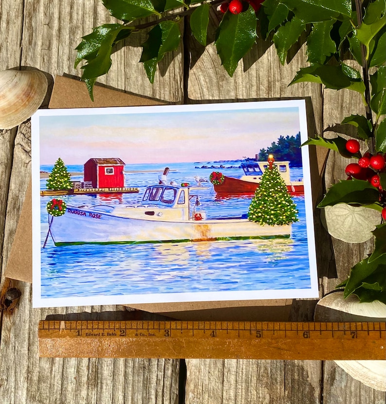 Coastal Christmas Card, 10 Card Set, Ocean Holiday Card, Rustic Boat ...