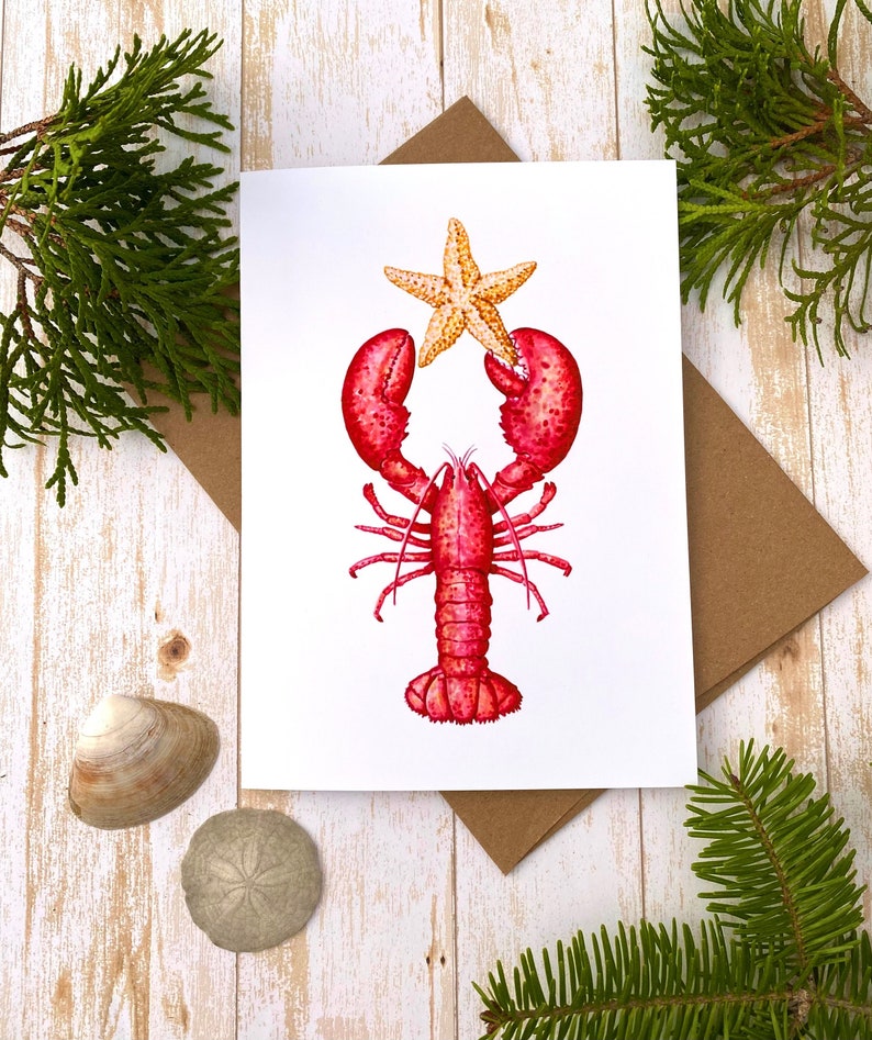 Lobster Christmas Card, 10 Card Set, Crustacean Core, Coastal Holiday ...