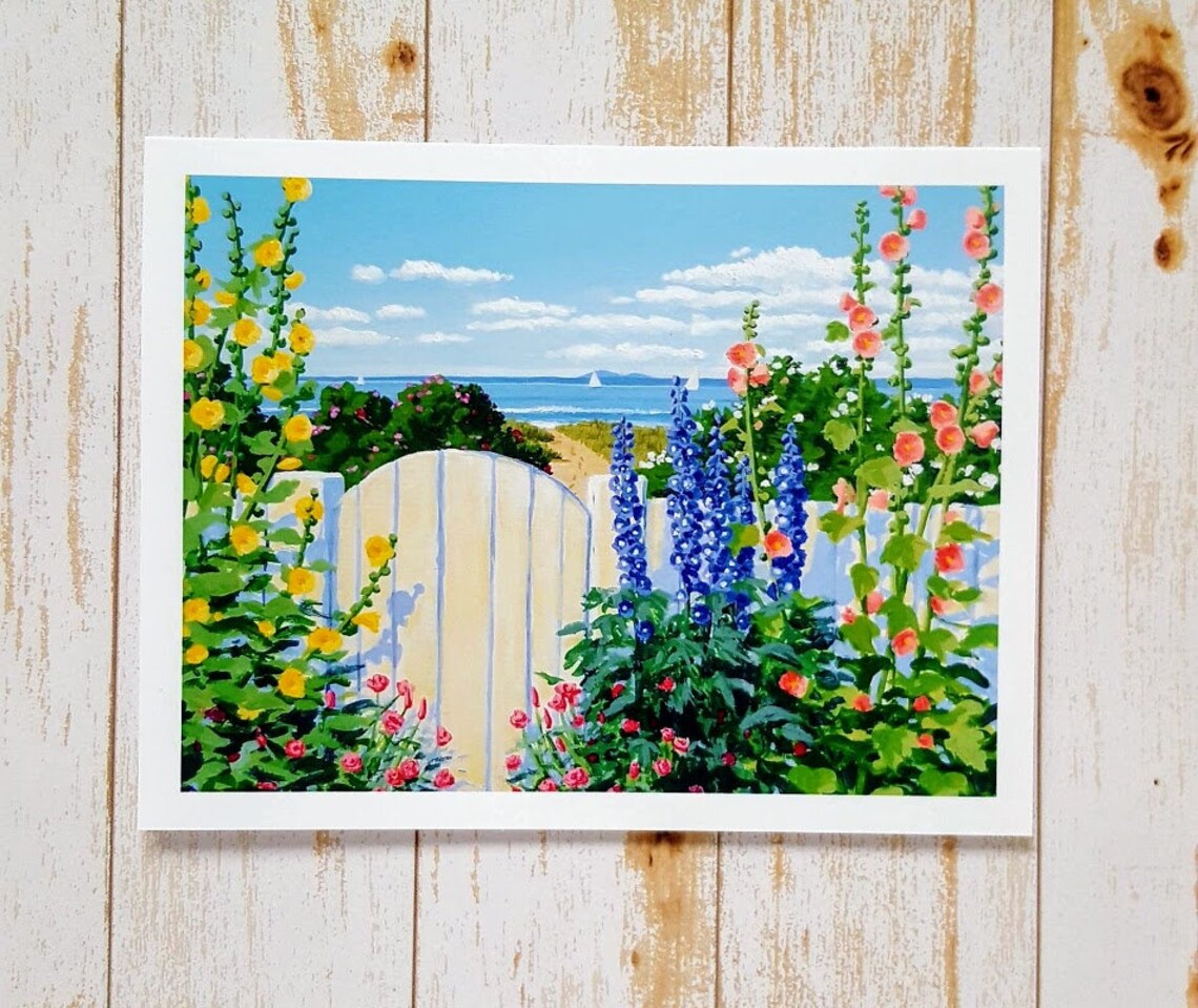 Garden Gate Cards Hollyhock Painting Ocean Card Flower - Etsy