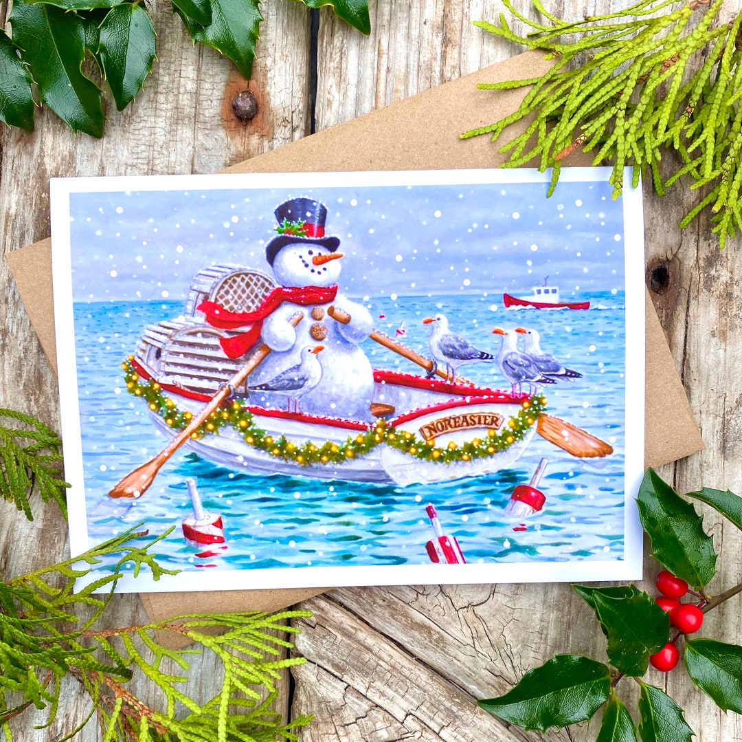 Coastal Christmas Holiday Card, 10 Card Set, Snowman Greeting Card ...